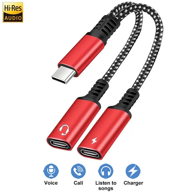 OTG 2 в 1 USB C Разветвитель на двойной разъем USB C для наушников Аудиоадаптер PD 60 Вт Быстрое зарядное устройство для Samsung Huawei iPhone15 Xiaomi Double C Red