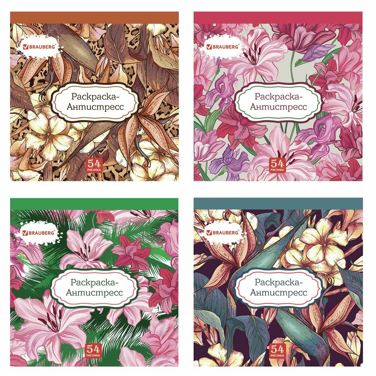 Раскраска-антистресс Brauberg, 52 листа (52 рисунка + 52 страницы для рисования) (104151), 24шт.