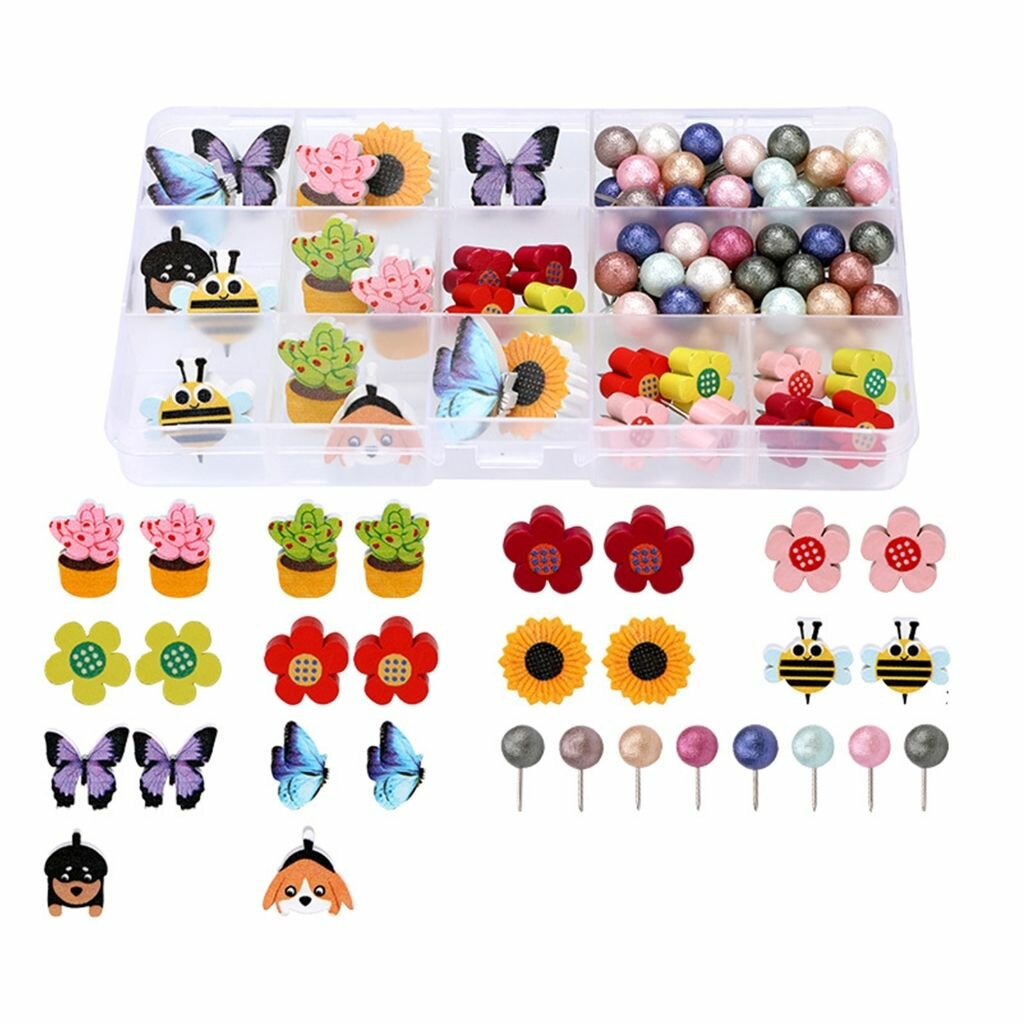 ### Разноцветные кнопки для доски объявлений: сердечко, плоские и с бусинками