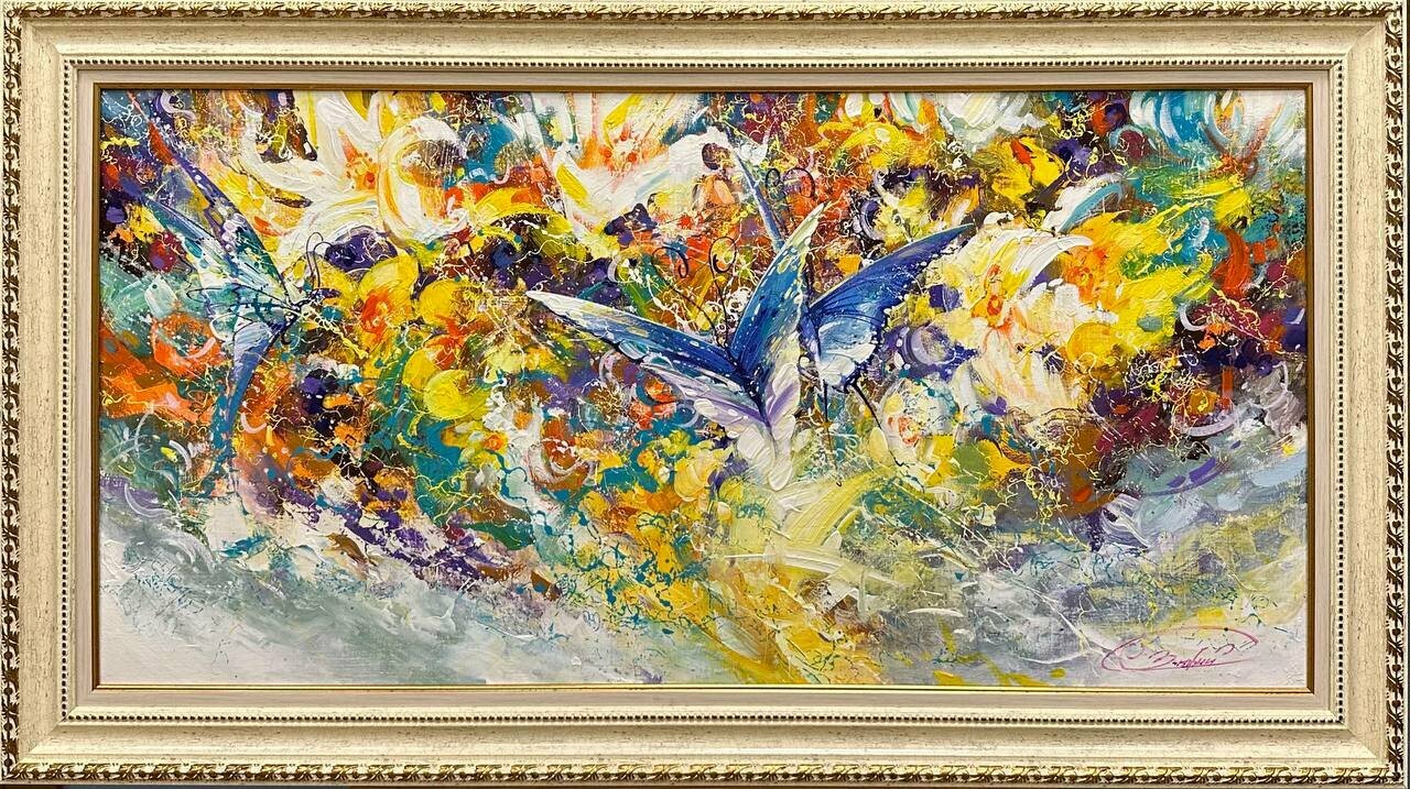 Картина маслом на холсте, летний пейзаж, бабочки "Дивный сад"