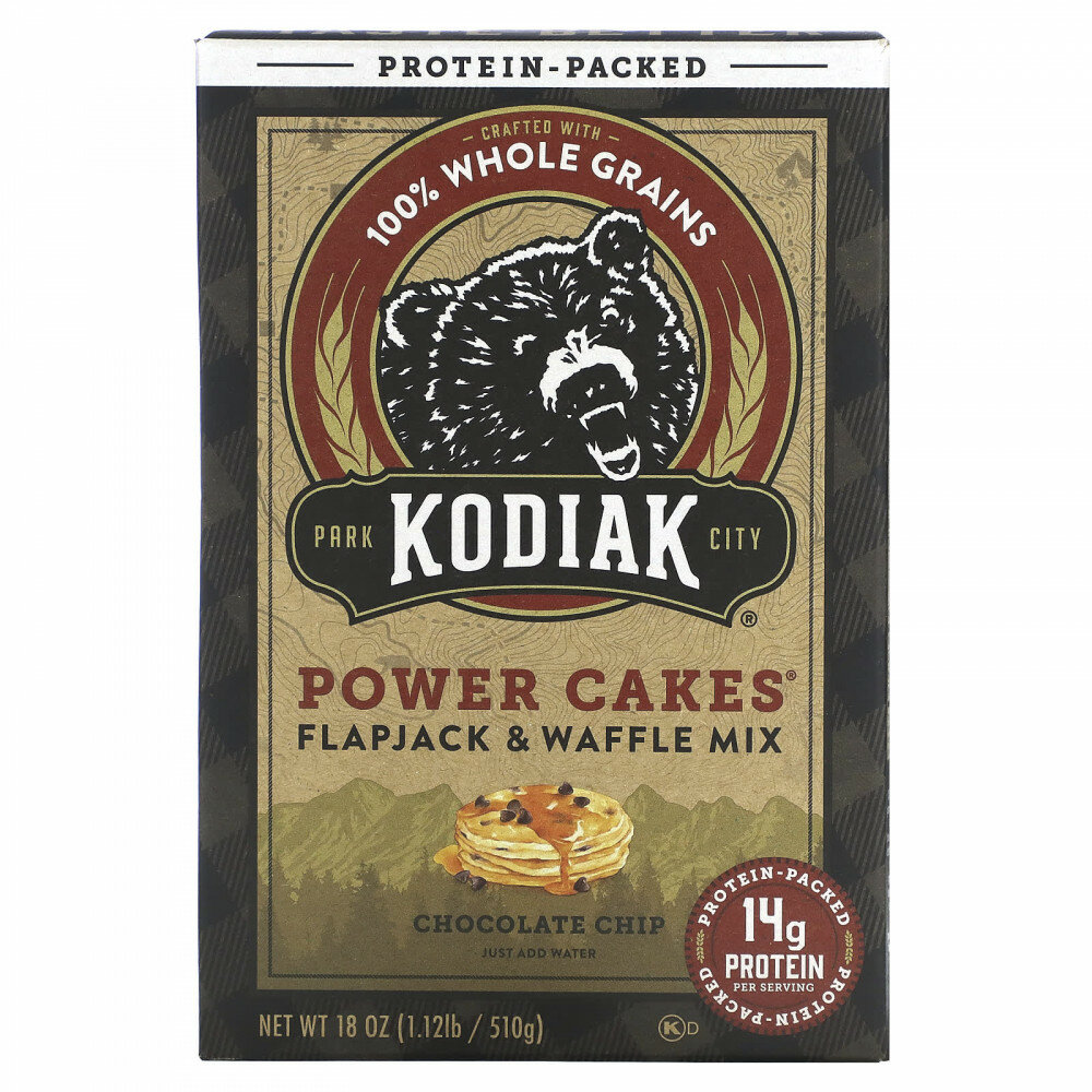 Kodiak Cakes, Power Cakes®, смесь для выпекания флапджека и вафель, с шоколадной крошкой, 510 г (18 унций)