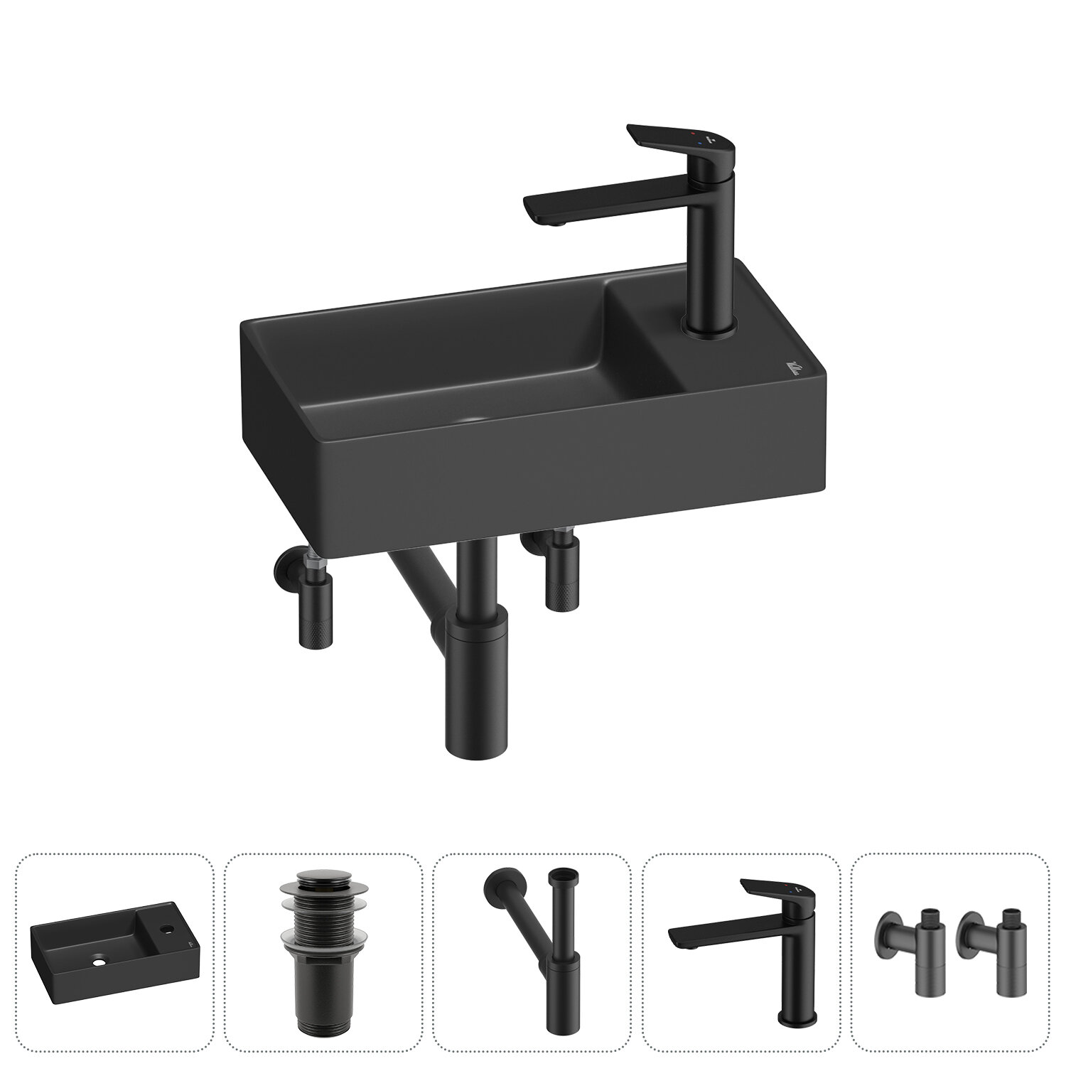 Маленькая раковина в ванную комнату или туалет Wellsee WC Area 20213748R в наборе 5 в 1: подвесная или накладная раковина 41 см в цвете матовый черный, донный клапан, сифон, смеситель, вентили (цвет набора матовый черный)