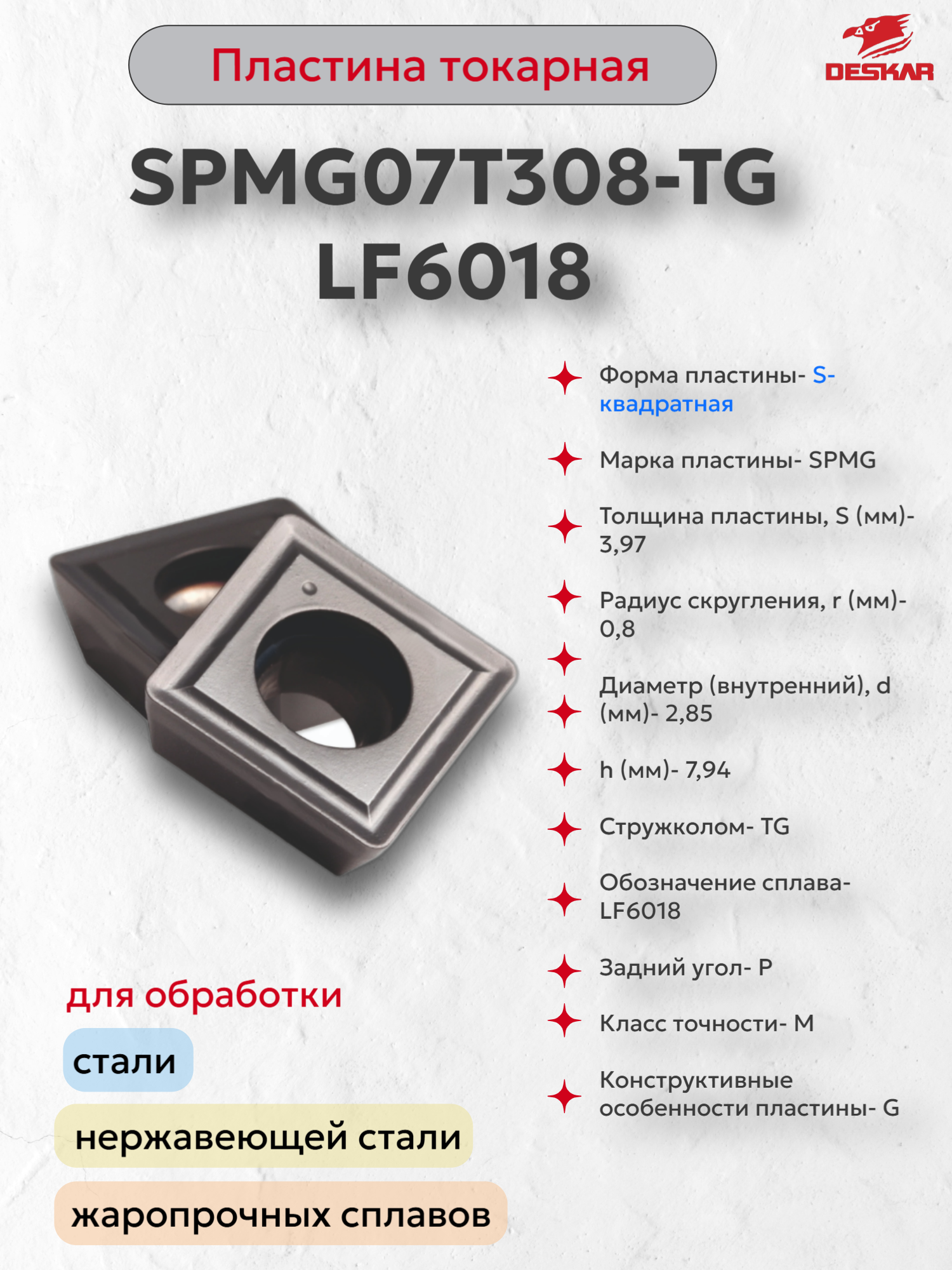 SPMG07T308-TG LF6018 токарная пластина (1 шт.) DESKAR 00-00022256