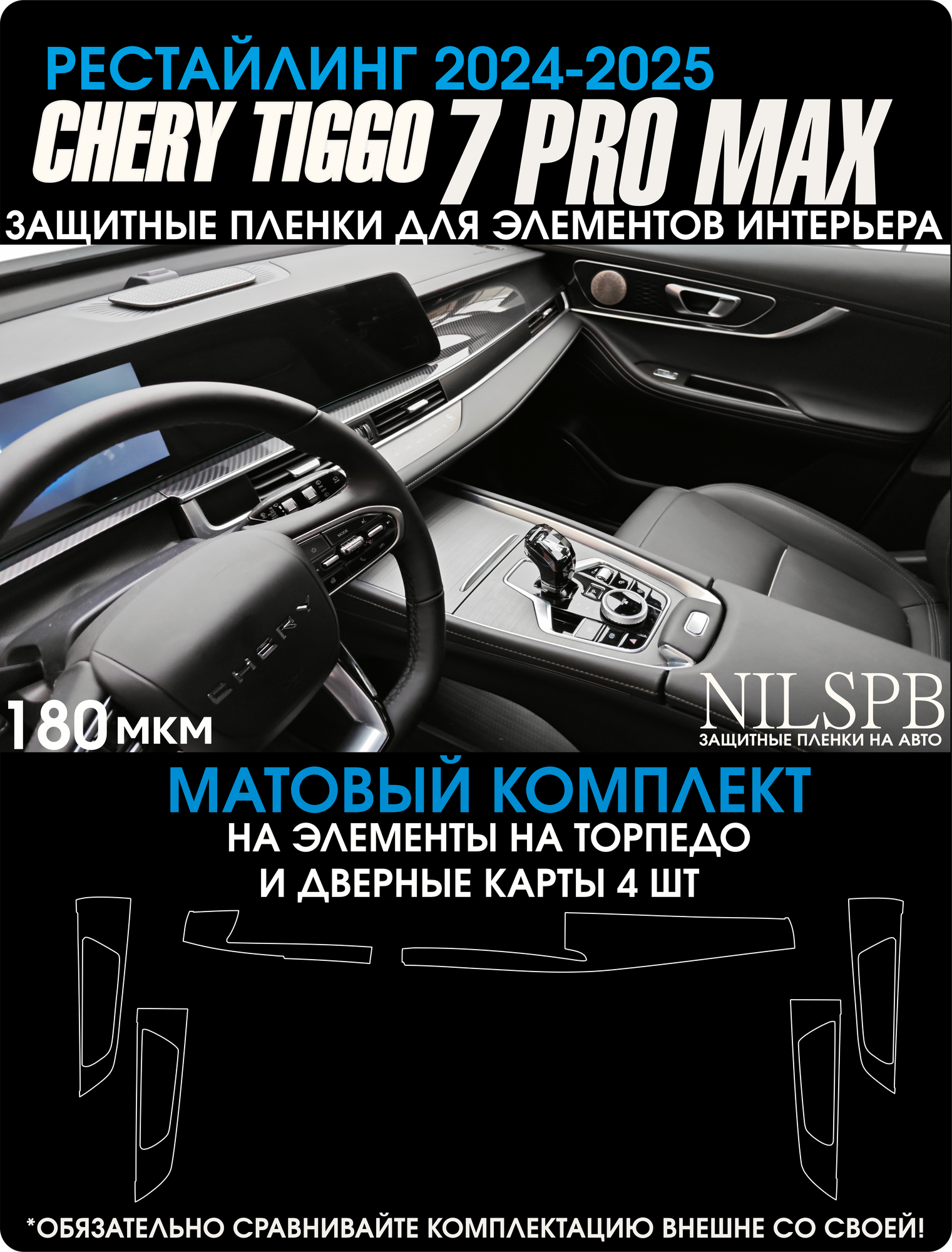 Chery Tiggo 7 Pro Max New | Защитные матовые пленки на торпедо и дверные карты | Чери Тигго 7 Про Макс Рестайлинг