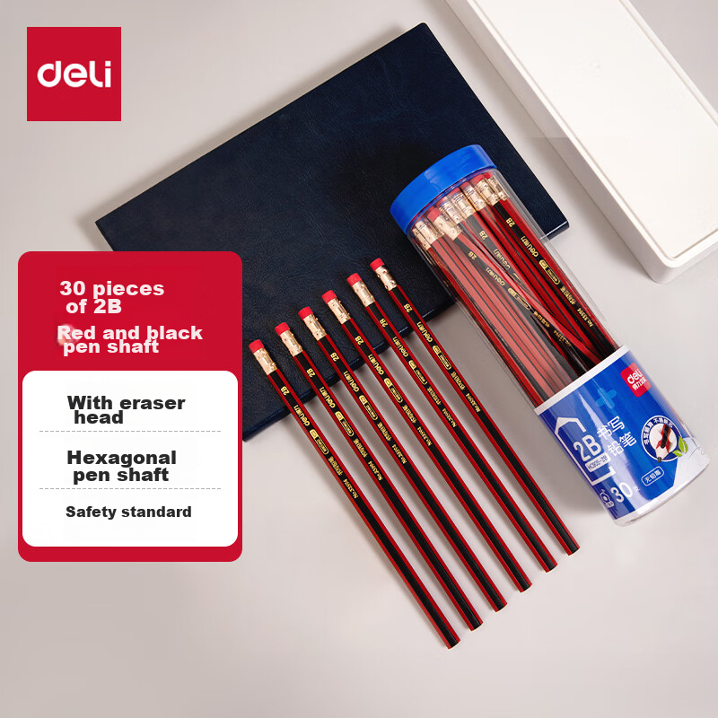 Deli 30 Pcs 2B Writing Pencils, Red And Black Striped with Eraser Tip (30 Pcs/tube), Student Writing Sketching Drawing Pencils, Gift, HC905-2B [Christmas New Year Supplies]
