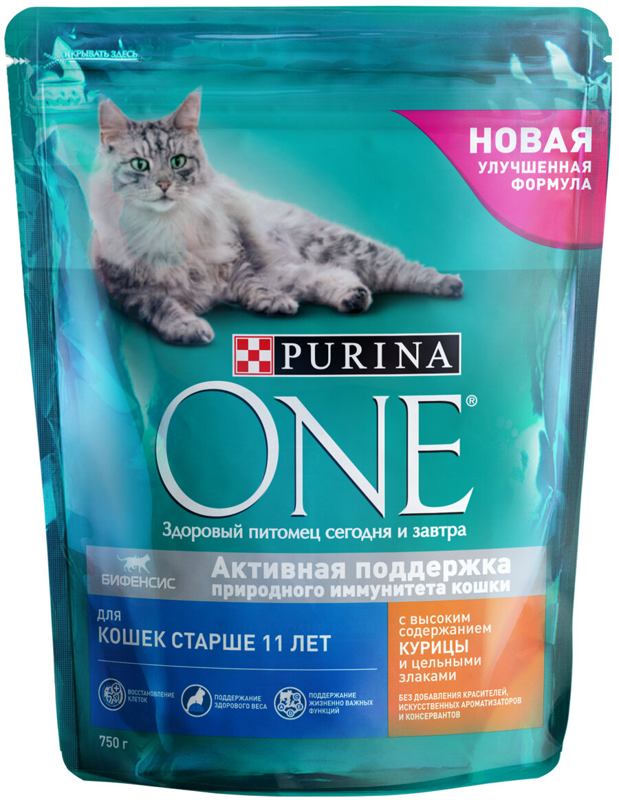 Сухой корм PURINA ONE для пожилых кошек старше 11 лет с курицей и злаками (0,75 кг)