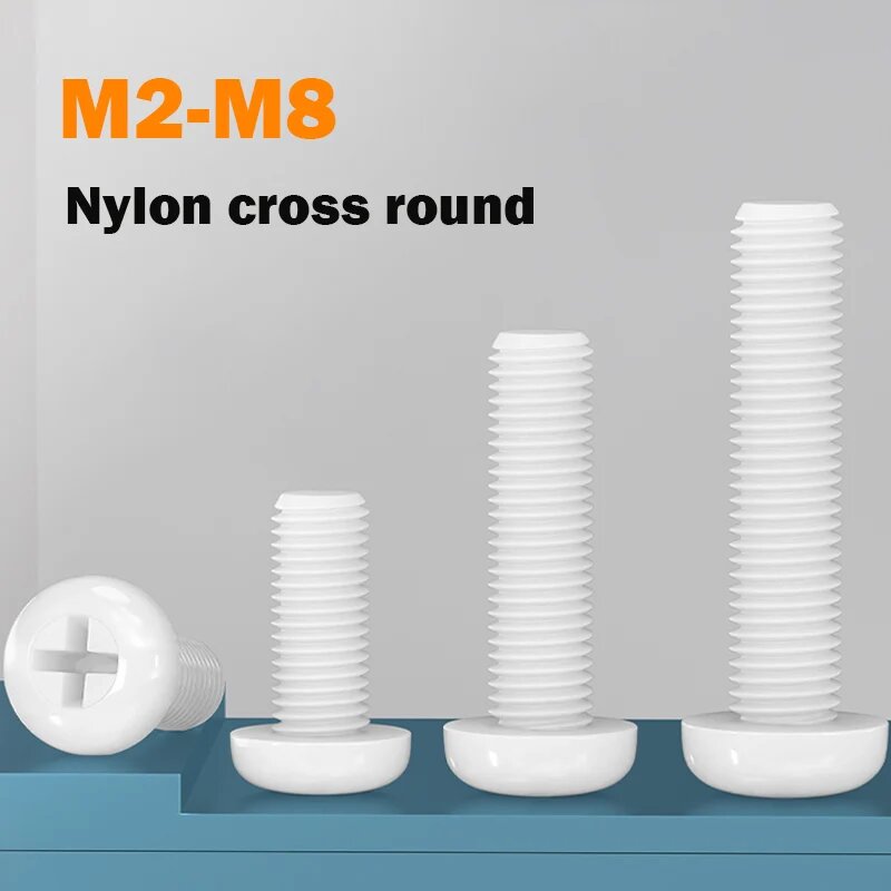 10/20/50 шт. Белый нейлоновый пластиковый болт с крестообразным шлицем и круглой головкой M2 M2.5 M3 M4 ~ M8 Длина 4-60 мм Винты Пластиковые винты