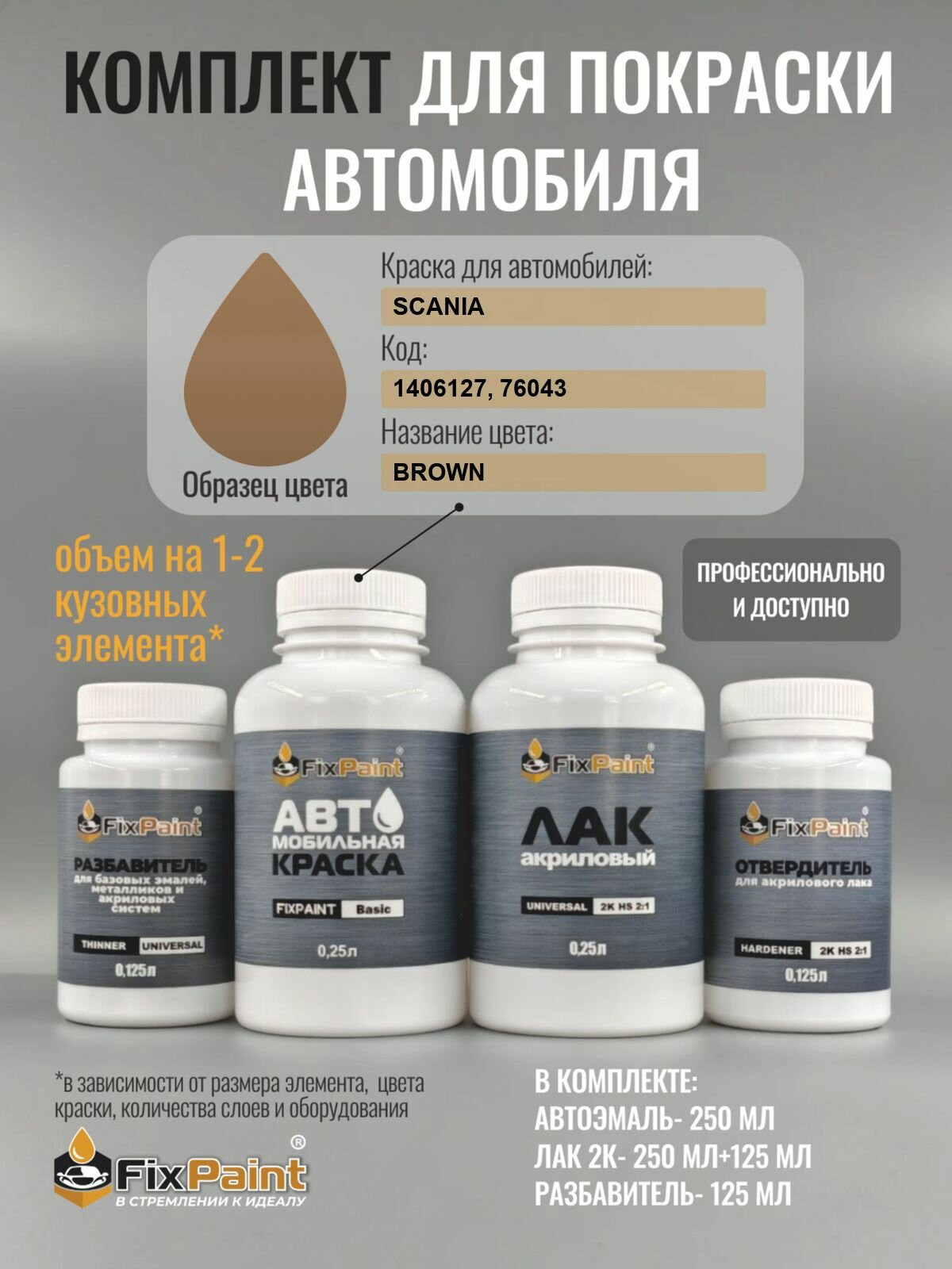 Комплект для покраски SCANIA, код 1406127, 76043, BROWN, базовая автомобильная краска 250 мл, лак 2K 250 мл с отвердителем, разбавитель 125 мл, FixPaint Pro