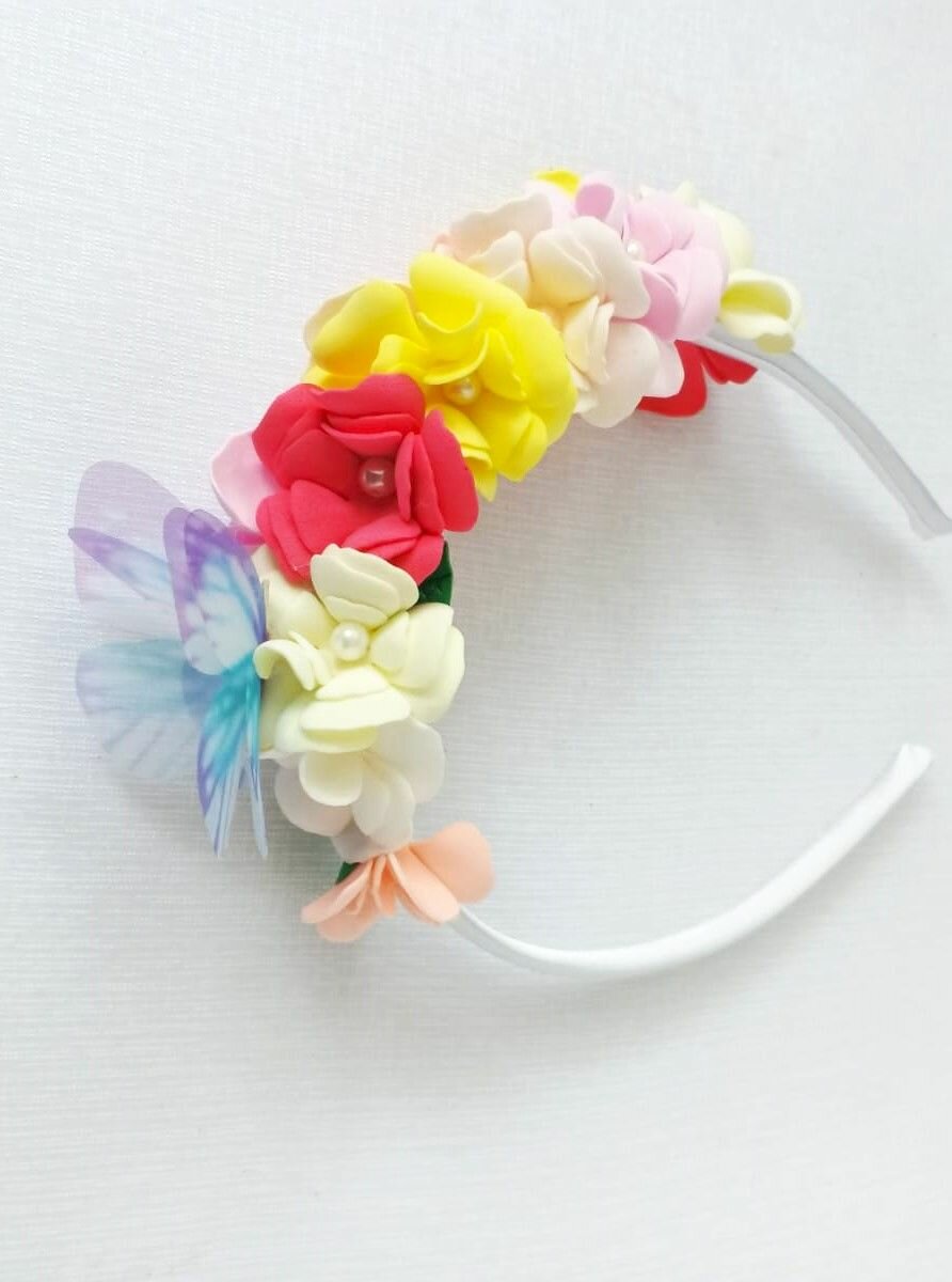 Ободок для волос детский с цветами и бабочкой "Лето", ручная работа, фоамиран