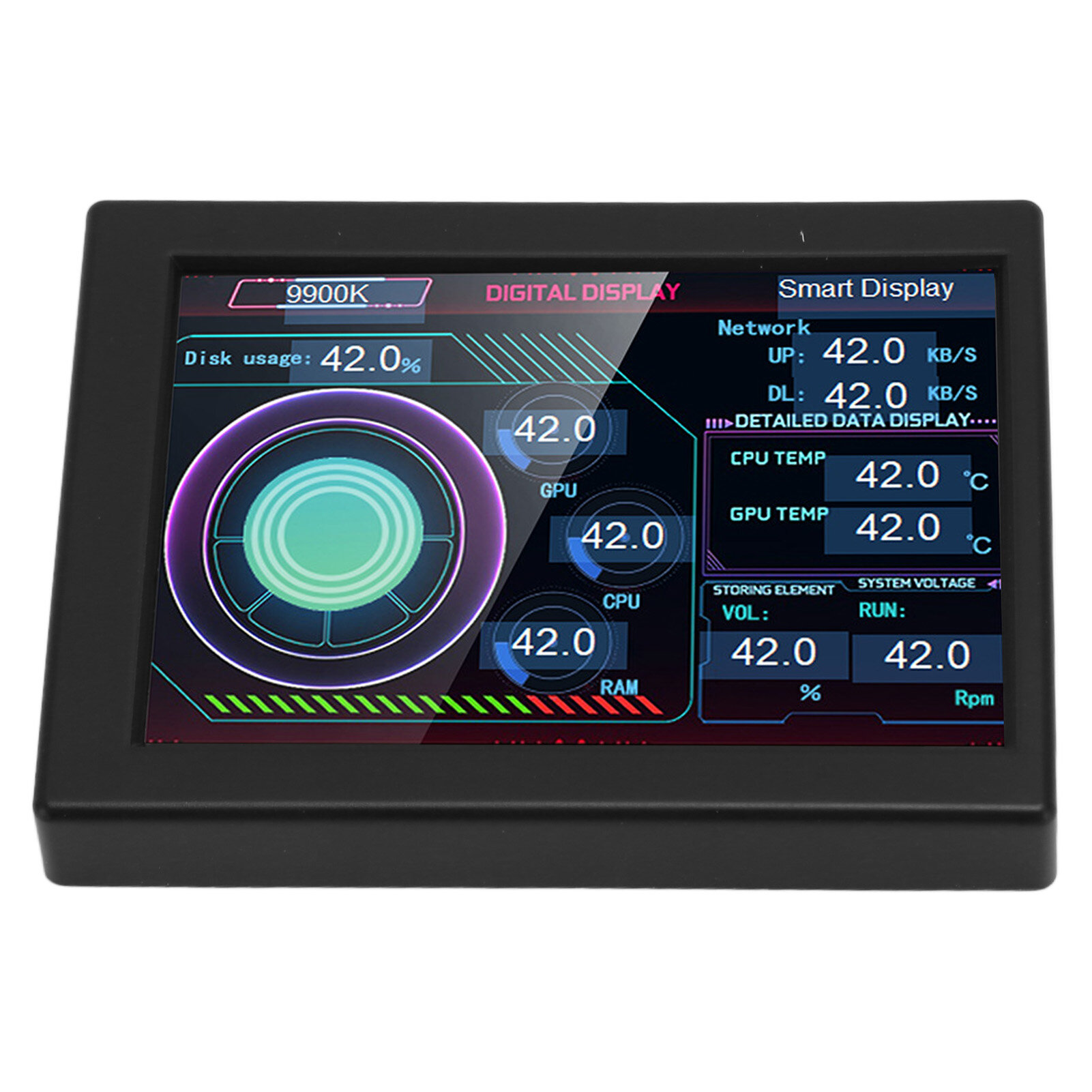 Монитор температуры для компьютера 3.5 дюйма IPS с поддержкой Type-C, регулируемой яркостью и вращающимся редактором темы для ПК, черный