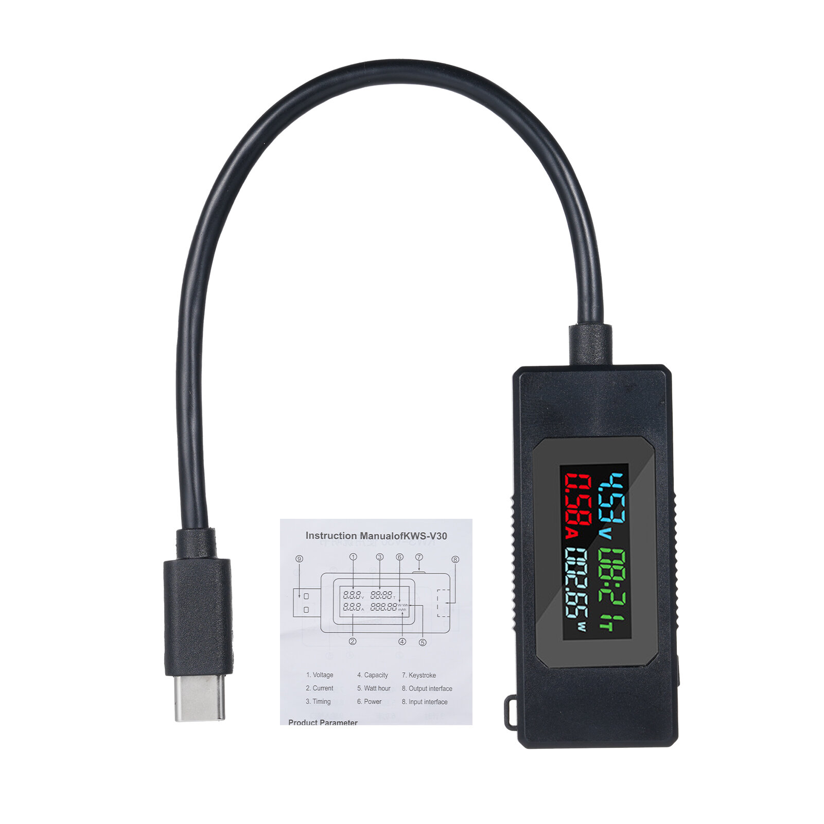 Тестер напряжения USB-C Тип-C тестер напряжения и тока 4-30V 0-6.5A 195W зарядное устройство USB вольтметр с цветным ЖК-дисплеем черный белый модель KWS-065C материал ABS размер 250*26*13mm вес 25g 1 шт