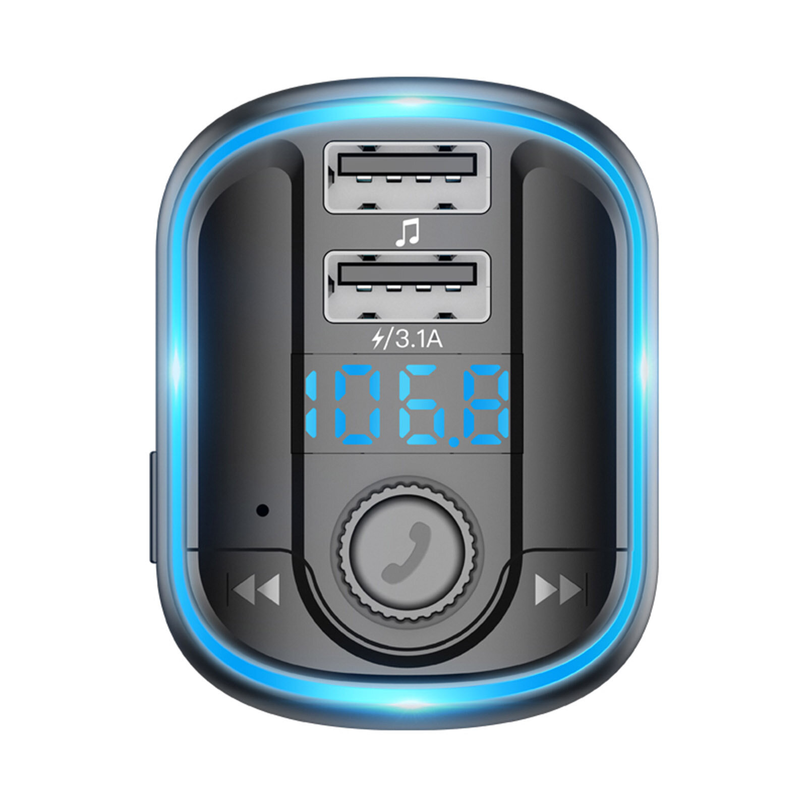 Передавач для автомобіля з подвійним USB-зарядником BT 5.0, MP3 плеєром, підтримкою карт TF та USB-носіїв, з LED-дисплеєм, чорного кольору, матеріал ABS, робоча напруга DC 12V-24V, потужність 1W, формати MP3/WMA/WAV/APE/FLAC, SNR >60dB, подвійний USB