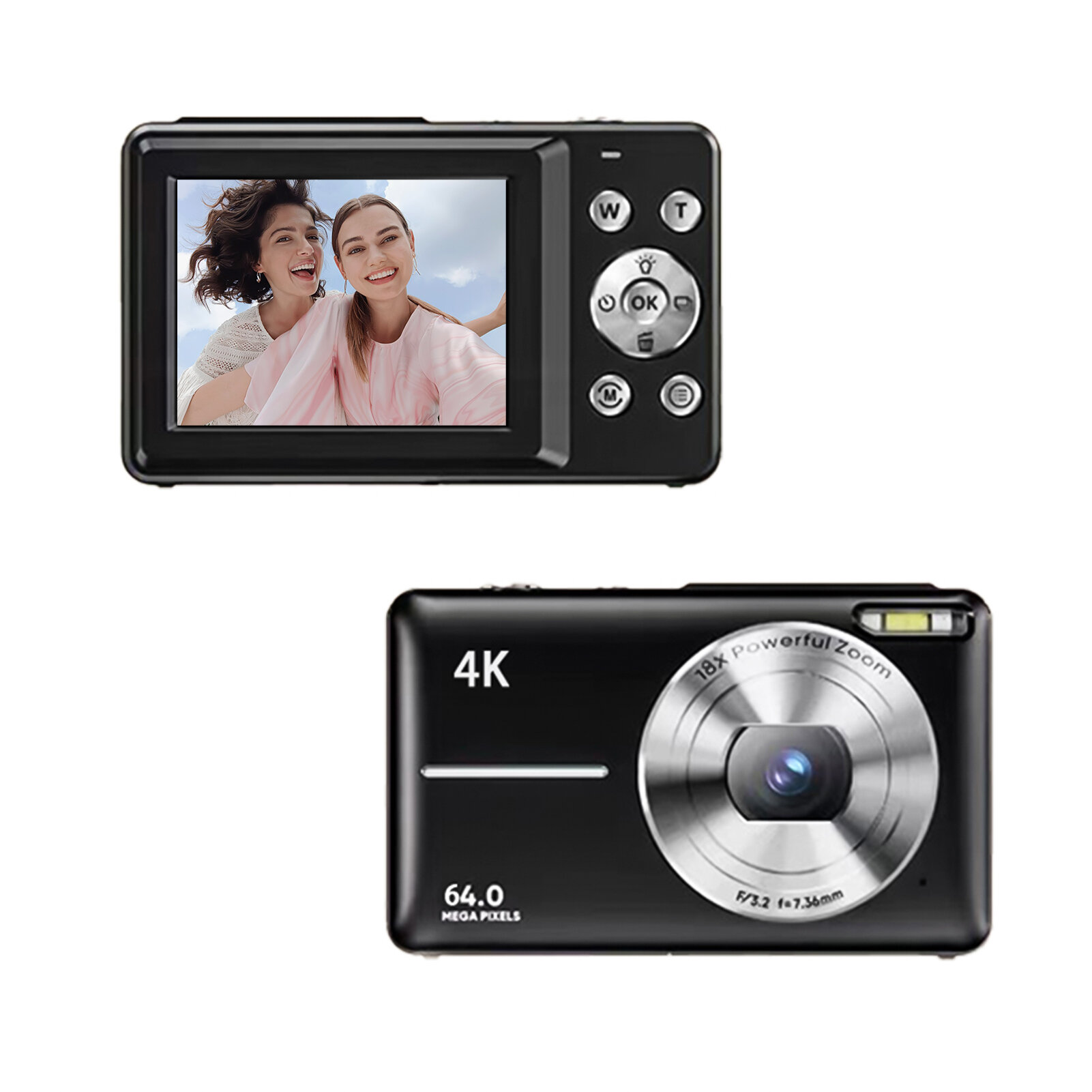 Цифровая камера 4K/30FPS 64MP с экраном 2.4 дюйма, 18-кратным цифровым зумом и встроенной батареей, подарок для подростков, студентов и друзей на день рождения и Рождество