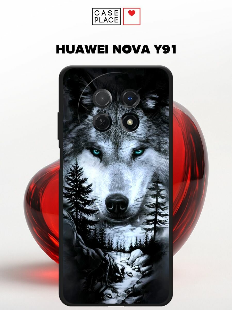 Черный матовый чехол на Huawei Nova Y91 / Хуавей Нова Y91 с принтом Волк в зимнем лесу