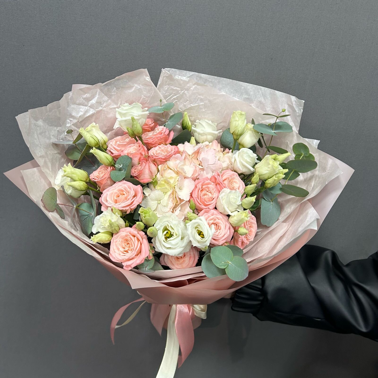 Персиковый микс с гортензией, розами и эустомой