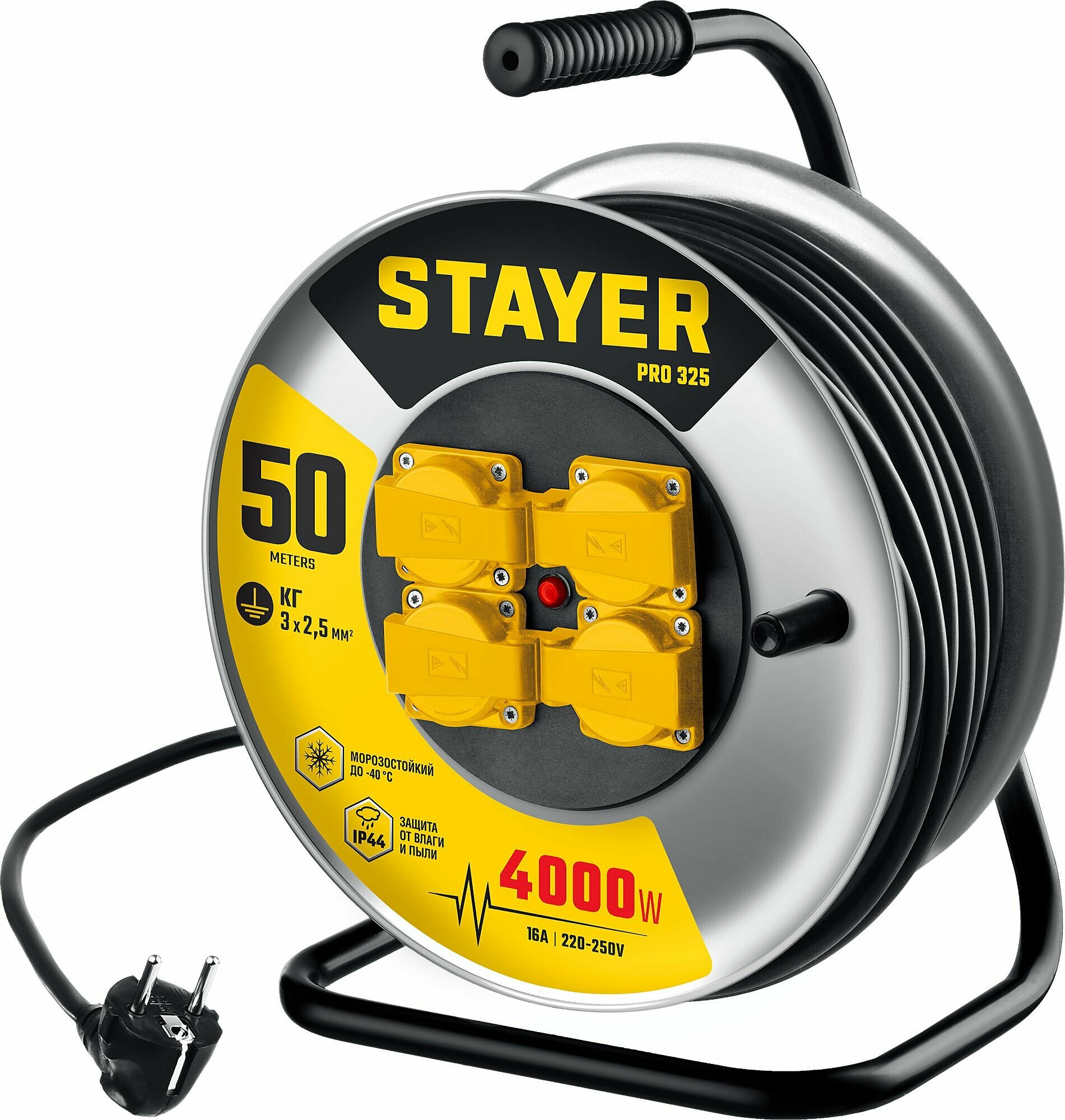 Силовой удлинитель на стальной катушке STAYER PRO 325, 30м, КГ 3х2,5мм, 4000Вт, 4 гнезда (55076-30_z01)