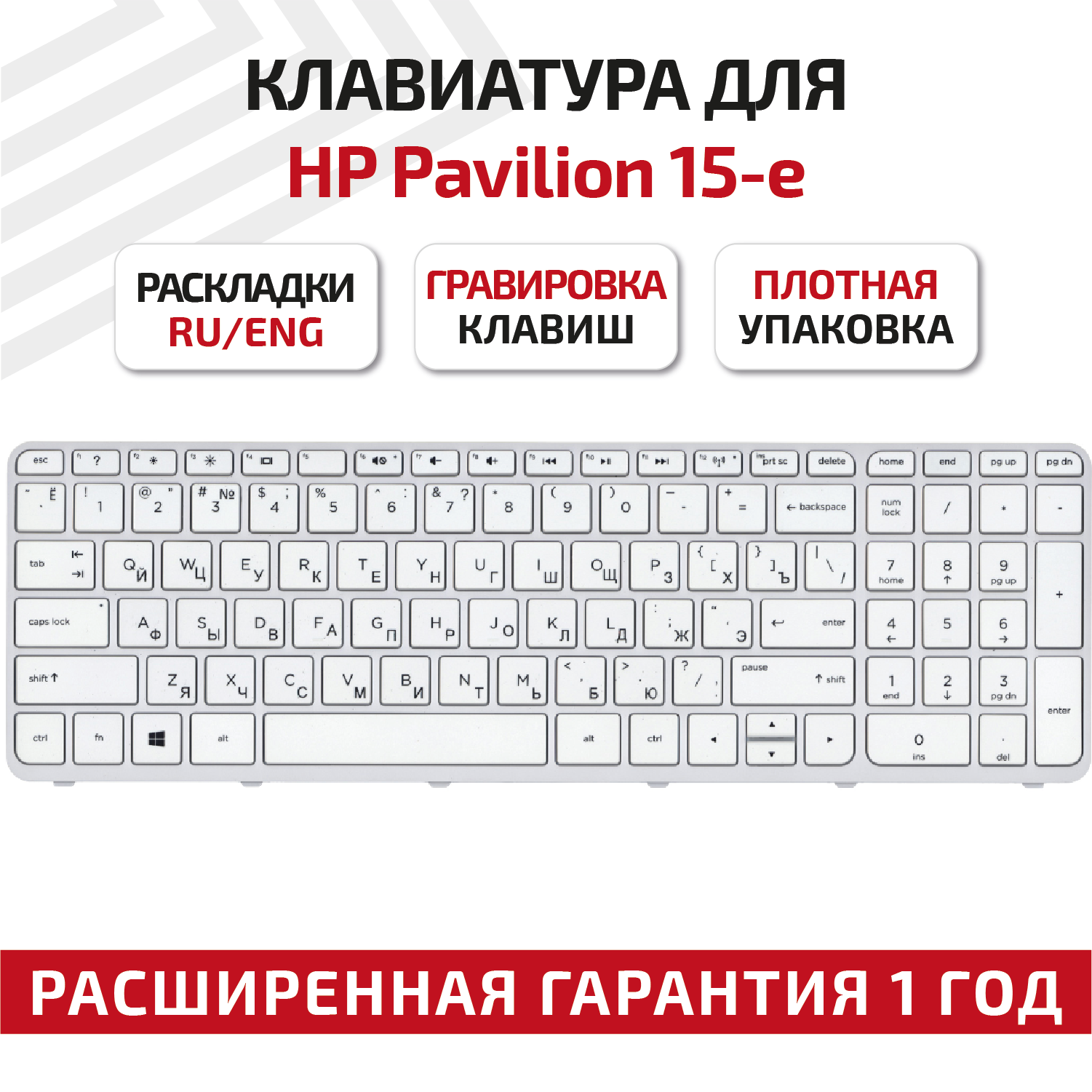 Клавиатура (keyboard) 809031-251 для ноутбука HP Pavilion 15-ab, 15-z, 15-au, 15-ae, 15-AS, 15-AH, 15-BC, 15-bk, 17-g, белый с рамкой