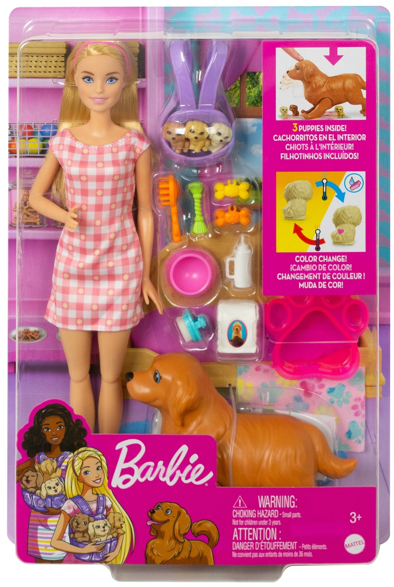Кукла Mattel Barbie Блондинка с питомцами и аксуссуарами HCK75, розовый