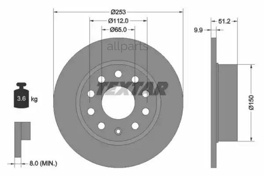 TEXTAR 92120903 Диск торм. зад. AUDI A3/VW GOLF V/SEAT 03=> PRO