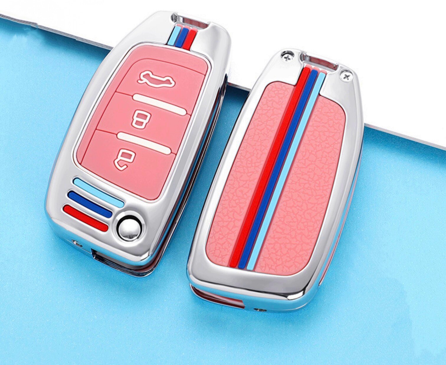 Защитный противоударный розовый чехол футляр MyPads M-222479 с металлическим корпусом для автомобильного смарт ключа GEELY Geely Atlas Tugella Coolray Emgrand X7 GS MK Cross Джили Эмгранд атлас кросс ключница кожаная вставка и силиконовые кнопки
