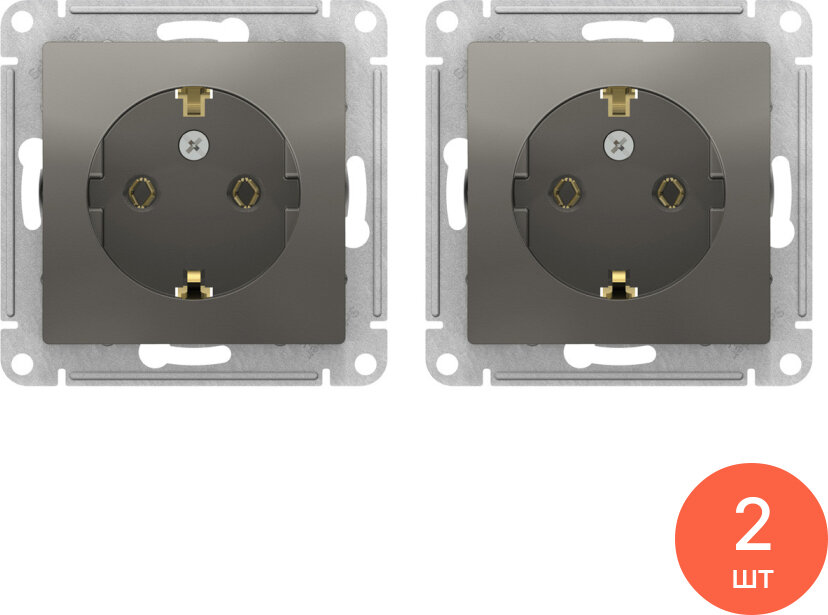 Розетка силовая штепсельная Systeme Electric / Систем Электрик AtlasDesign, 16А 250В IP20 сталь, с заземляющим контактом ATN000943 / электрооборудование (комплект из 2 шт)