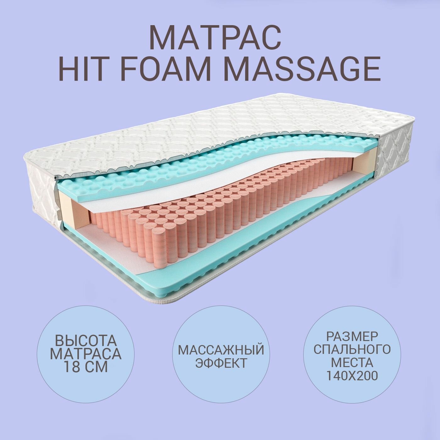 Матрас Анатомический ARMOS Hit Foam Massage 140х200, Независимые пружины, 18 см