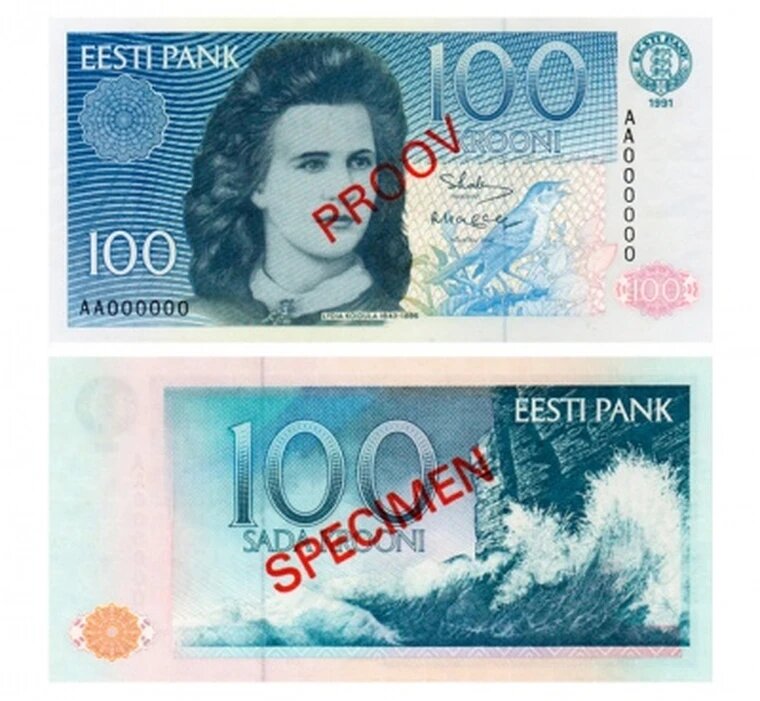 100 крон 1991 года Эстония, надпечатка образец, сувенирная копия, банкноты и купюры редкие коллекционные