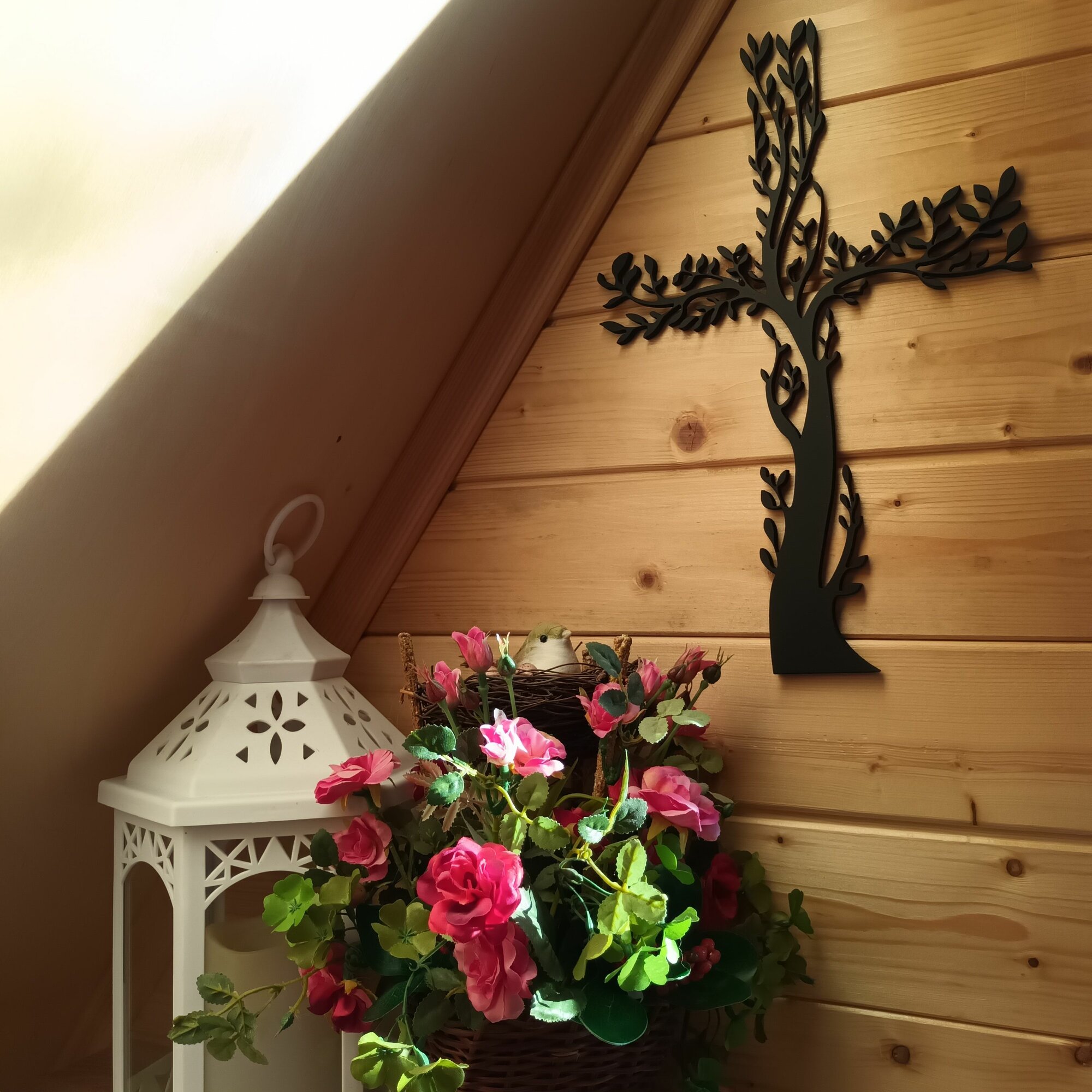 Панно крест из листьев 34х22см декоративное настенное черное, декор на стену, картина