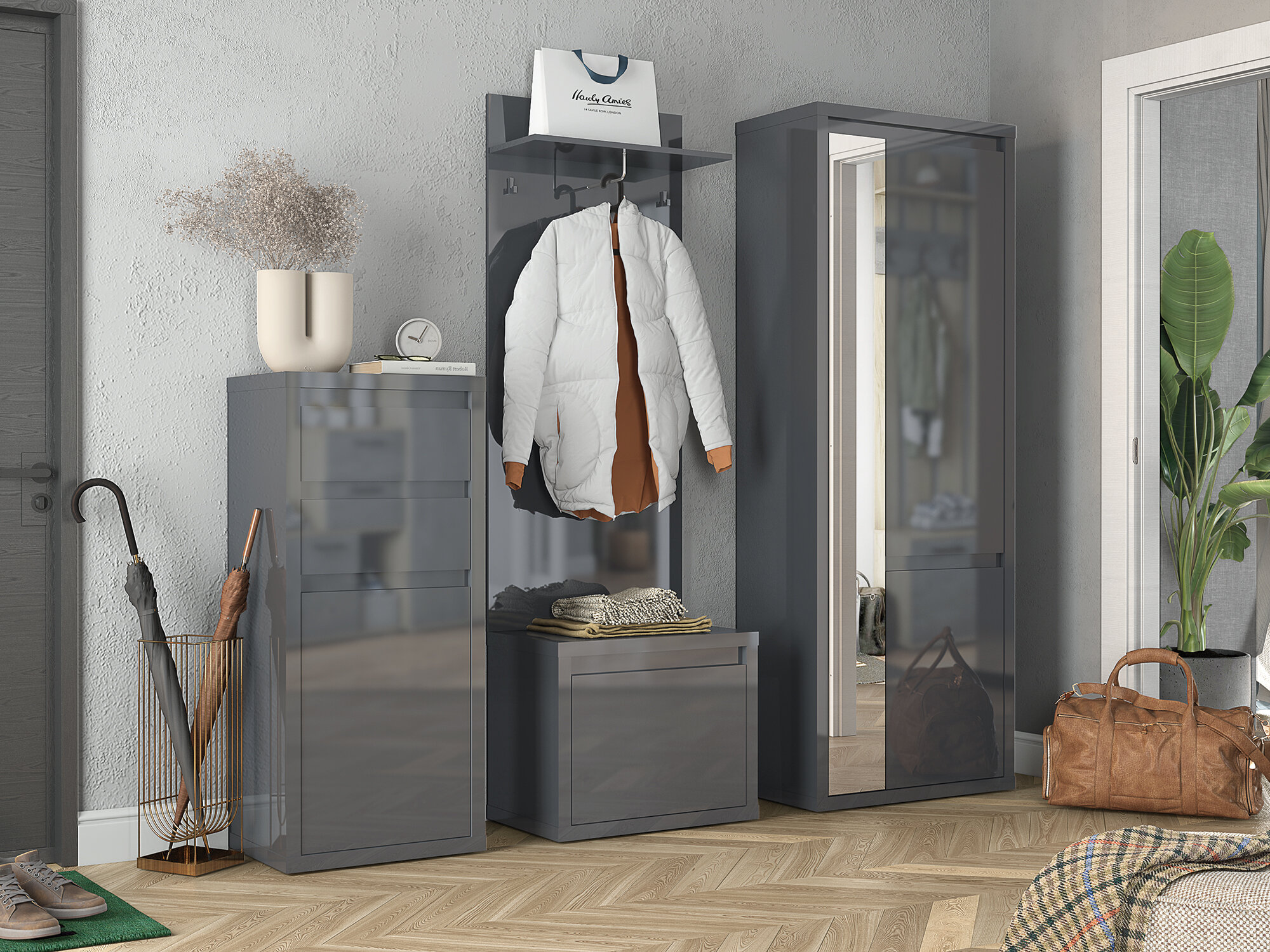 Прихожая MebelVia "Норден", ЛДСП, серая, современная, 202х50,5 см