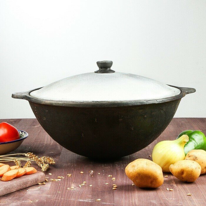 Казан с крышкой, 6 л, плоское дно, чугунный казан, цвет черный, литые ручки