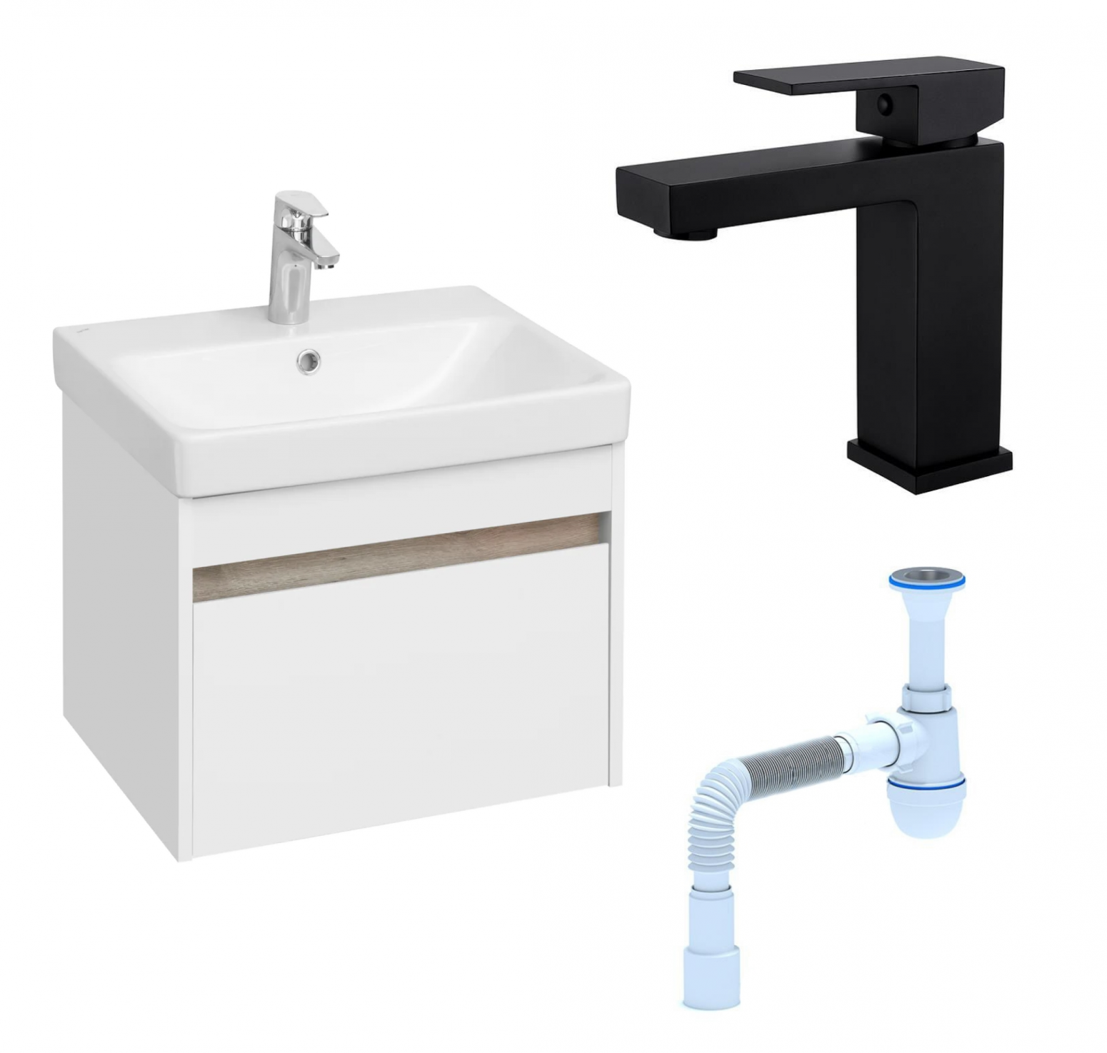 Комплект: Тумба с раковиной Акватон Марти 55 ясень шимо + Смеситель Haiba HB10803-7 черный + Сифон АниПласт 491367+HB10803-7+C2015xrv