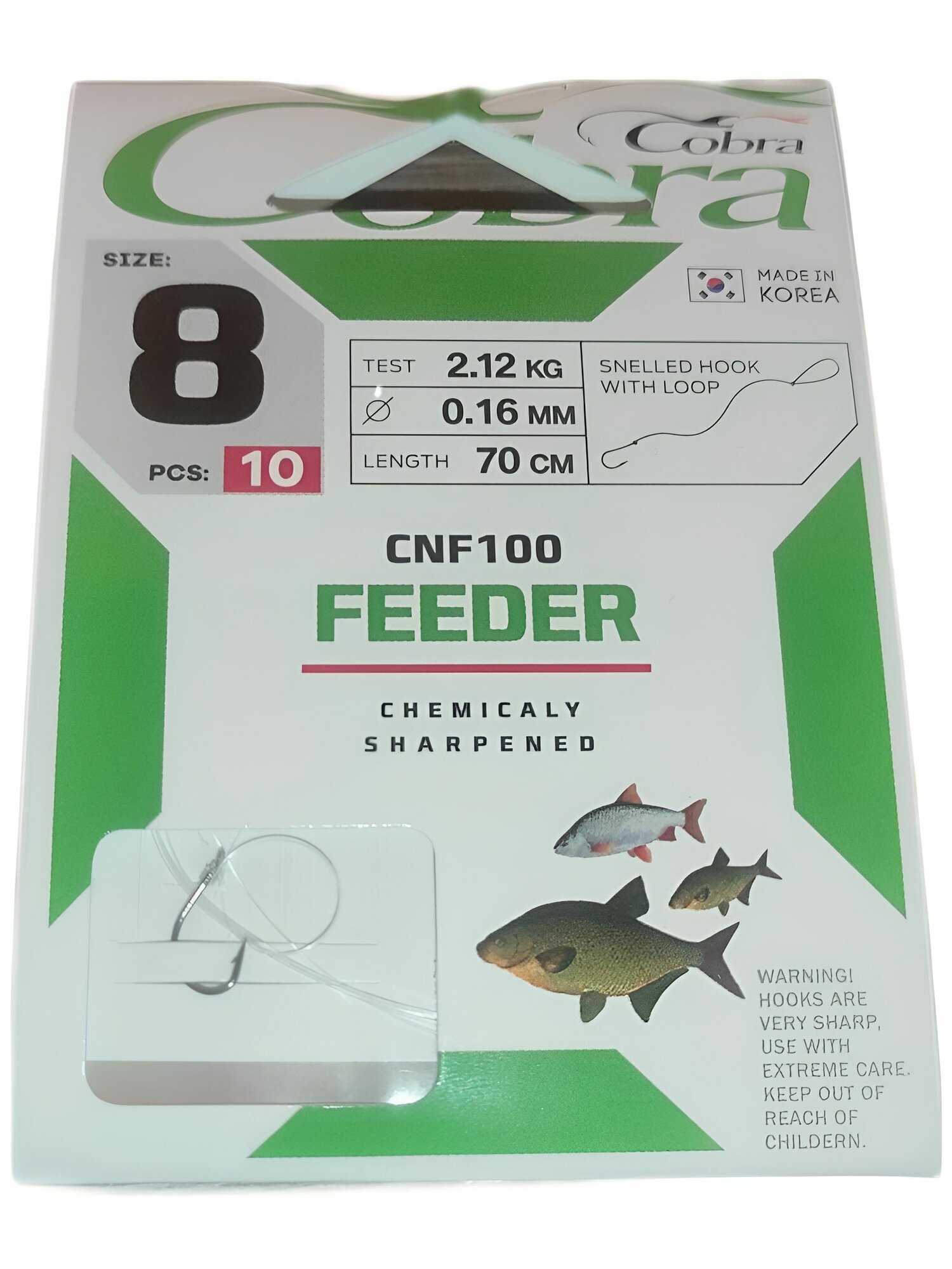 Крючки с поводком Cobra FEEDER 70cm , 0,16mm , разм.8, 10шт.