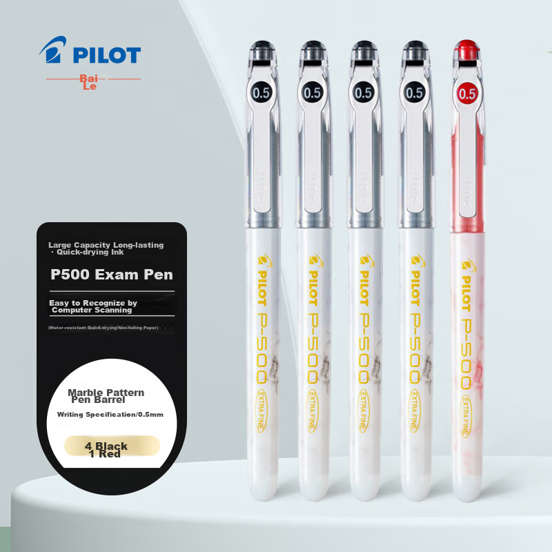 PILOT P500 Exam Pen - Gold Label Series Gel Pen, Signature Pen, Ink Pen, 0.5mm Direct Liquid Rollerball Pen, Stationery Set, Exam Pen, High Aesthetic Value (4 Black 1 Red), 5-Pack