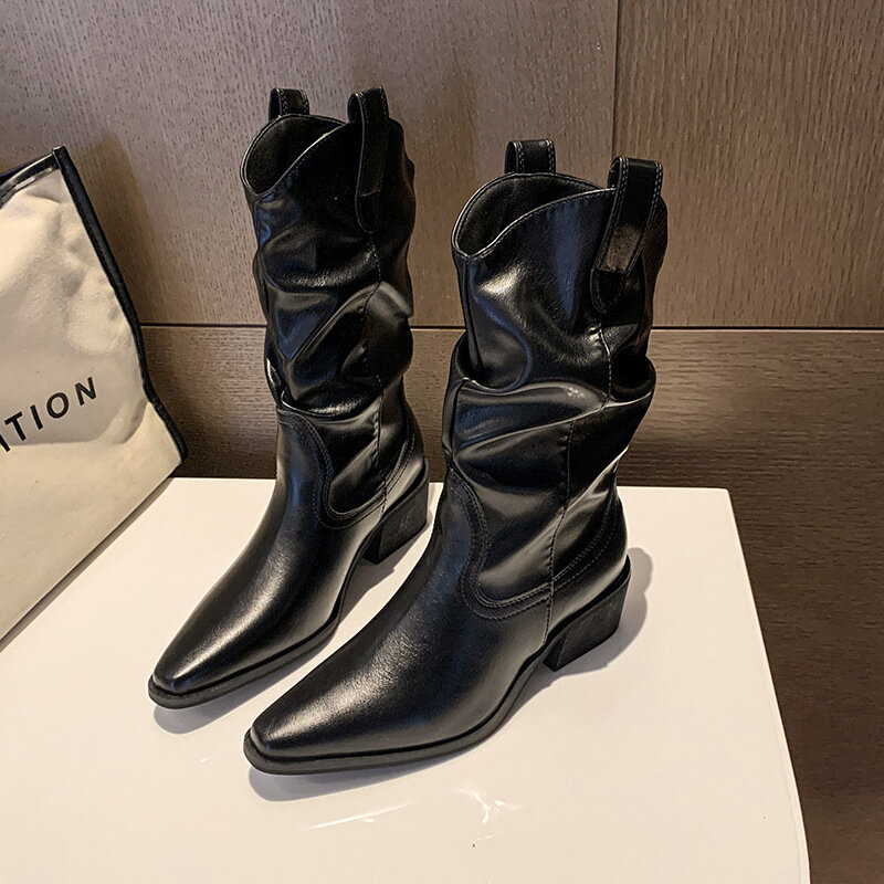 Модные повседневные ботинки Martin на толстом каблуке для женщин, осень-зима 2025 года, новые стильные длинные сапоги, толстая подошва, удобные рыцарские сапоги, сапоги до середины голени с острым носком