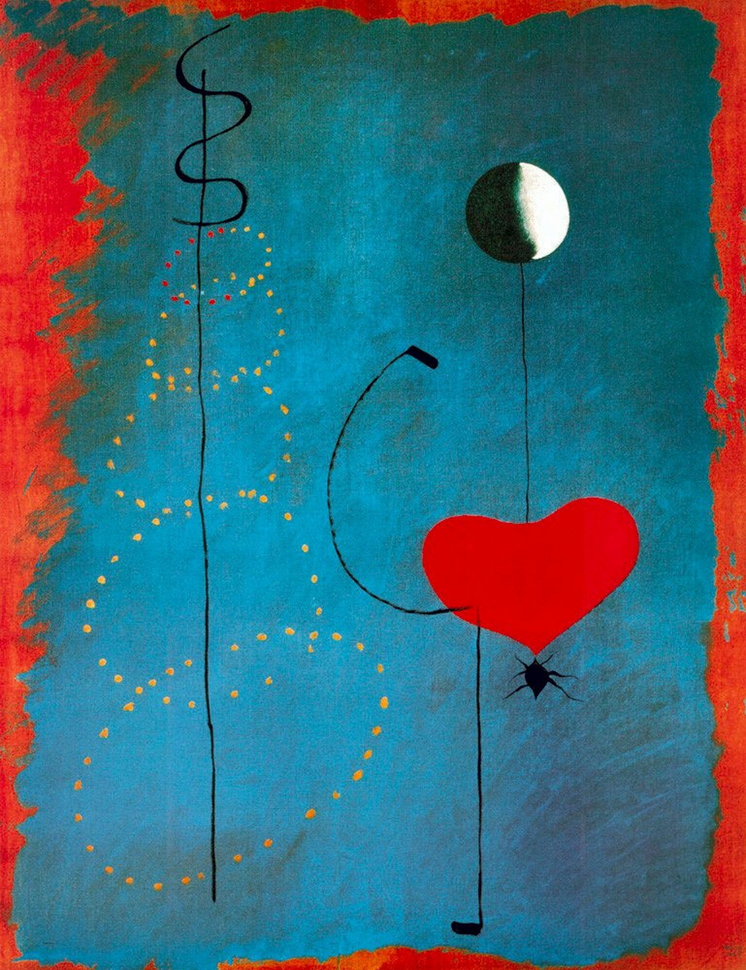 Плакат, постер Жоан Миро: лунный диск и красное сердце в сюрреализме на холсте, размер 42х60см