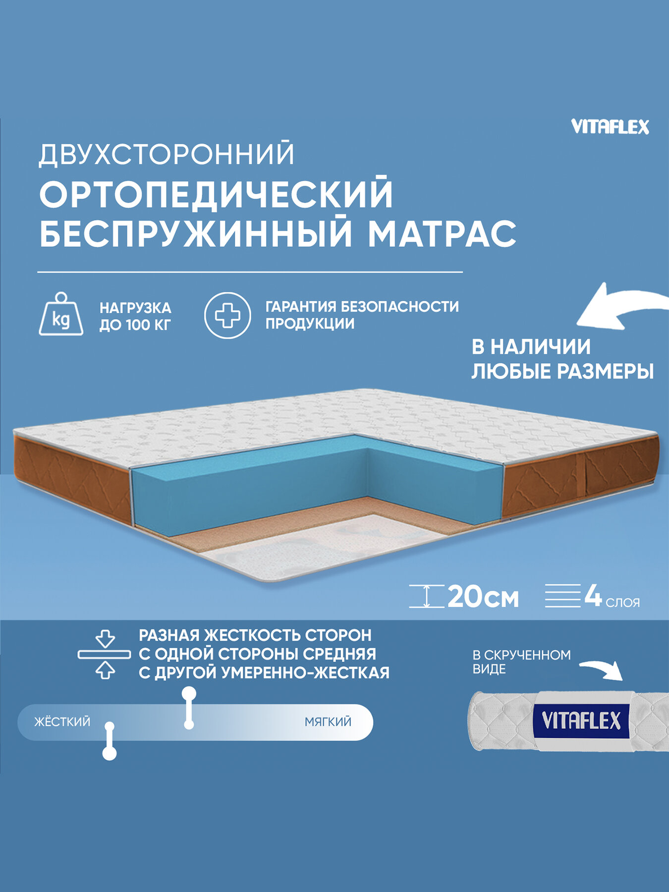 Матрас ортопедический 100х200 Vitaflex Anatomic Бежевый 19V Sk беспружинный, разная жесткость, с кокосом, в рулоне