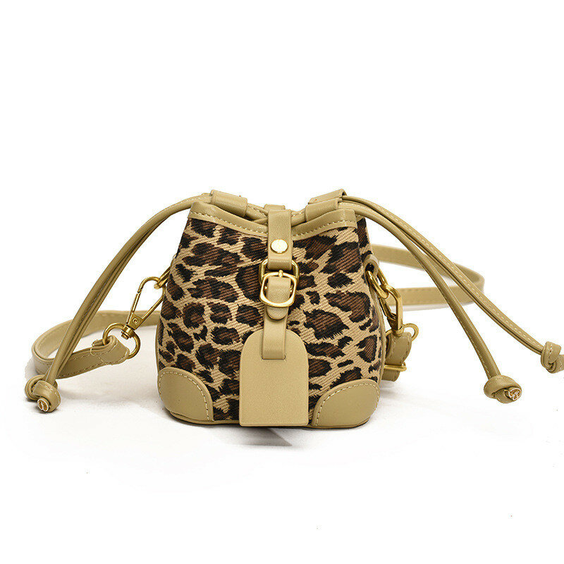 Kids classic pu water bucket bag with leopard print for school essentials and casual adventures khaki