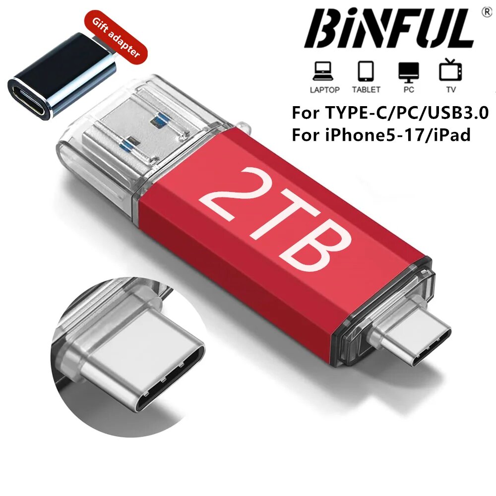 BiNFUL USB-флеш-накопитель OTG 2 ТБ, Type-C 1 ТБ, черный