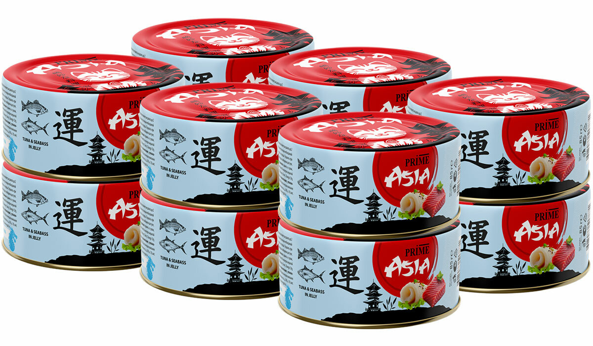 Корм влажный Prime Asia Tuna & Seabass для кошек, тунец и сибас в желе, 85 г х 12 шт
