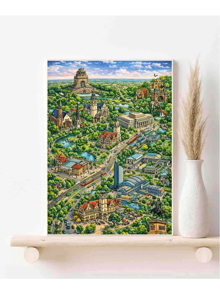 Лейпциг, Германия, Fantasy Map, Карта, Плакат 30x42см