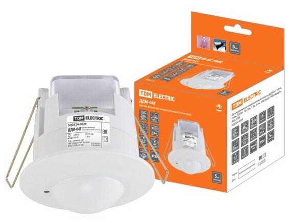 Датчик движения микроволновый точечный Tdm Electric ДДМ-04Т 5,8ГГц, 65мм, 1200Вт, 10-720с, 1-8м, 3+лк, 180(сбоку)+360 (сверху)гр, IP20, SQ0324-0029