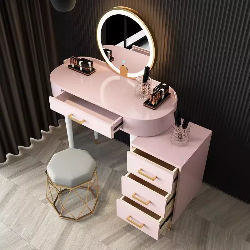 Туалетный столик Marshmallow (Розовый столик /100см/ круглое зеркало / пуф)