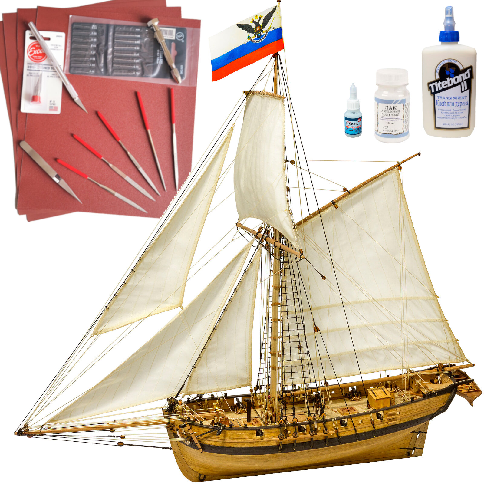 Сборная модель корабля, Тендер Авось, 420х175х420, М.1:72, подарочный набор с инструментами, лаком и клеями