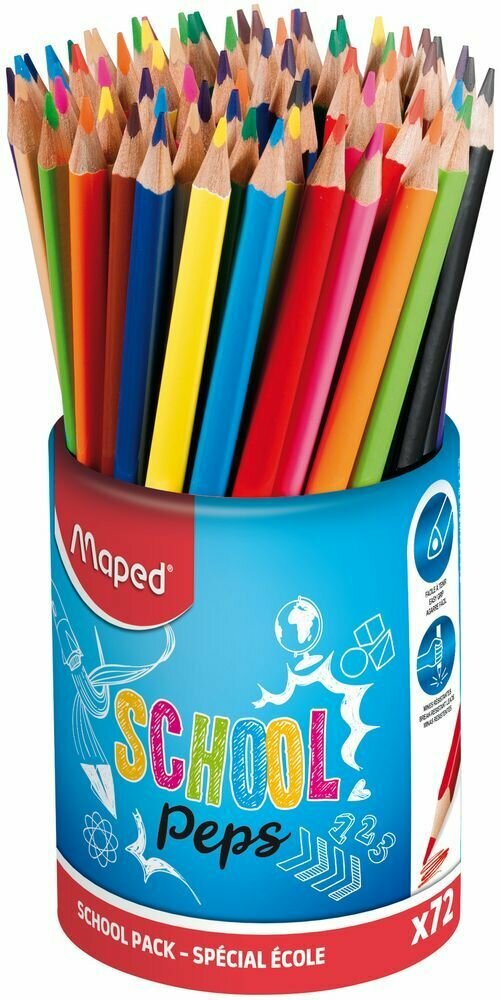 Карандаши цветные, MAPED COLOR'PEPS SCHOOL, треугольные, ударопрочные, в стакане-подставке, 12 цветов, 72 шт