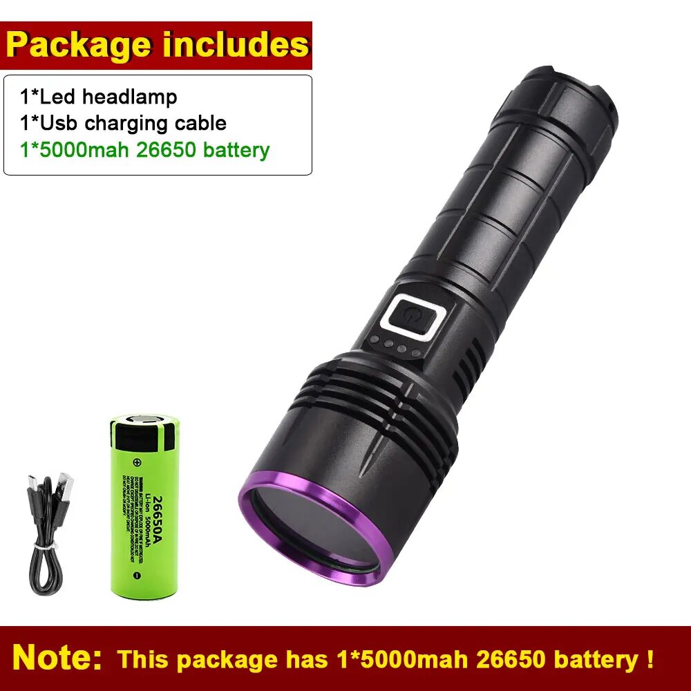 Мощный УФ-фонарик 80 Вт, 4 ядра, 26650 нм, высокая мощность, черный, зеркальный, A-5000mah battery