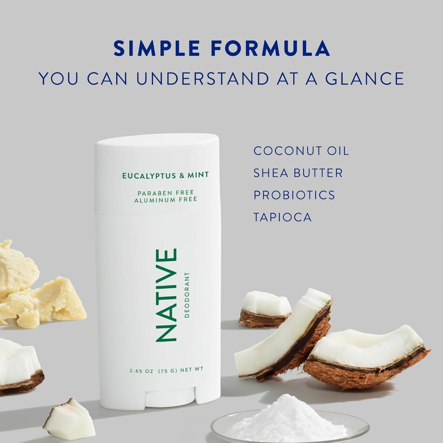 Native, Дезодорант без алюминия с пищевой содой, кокосовым маслом и маслом ши - Эвкалипт и мята 75 гр.