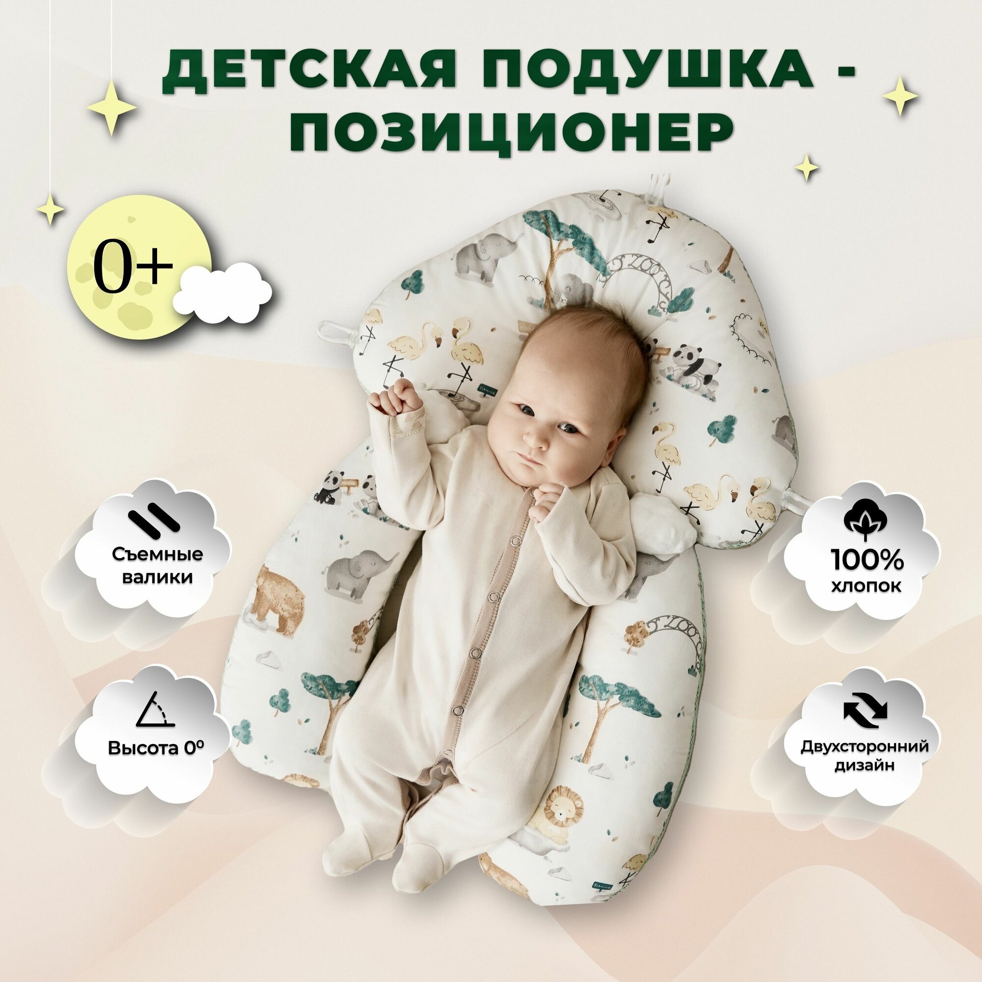 Кокон для новорожденных подушка позиционер ортопедическая анатомическая хлопковая размер: 60*40 цвет: Бирюзовый (Саванна)