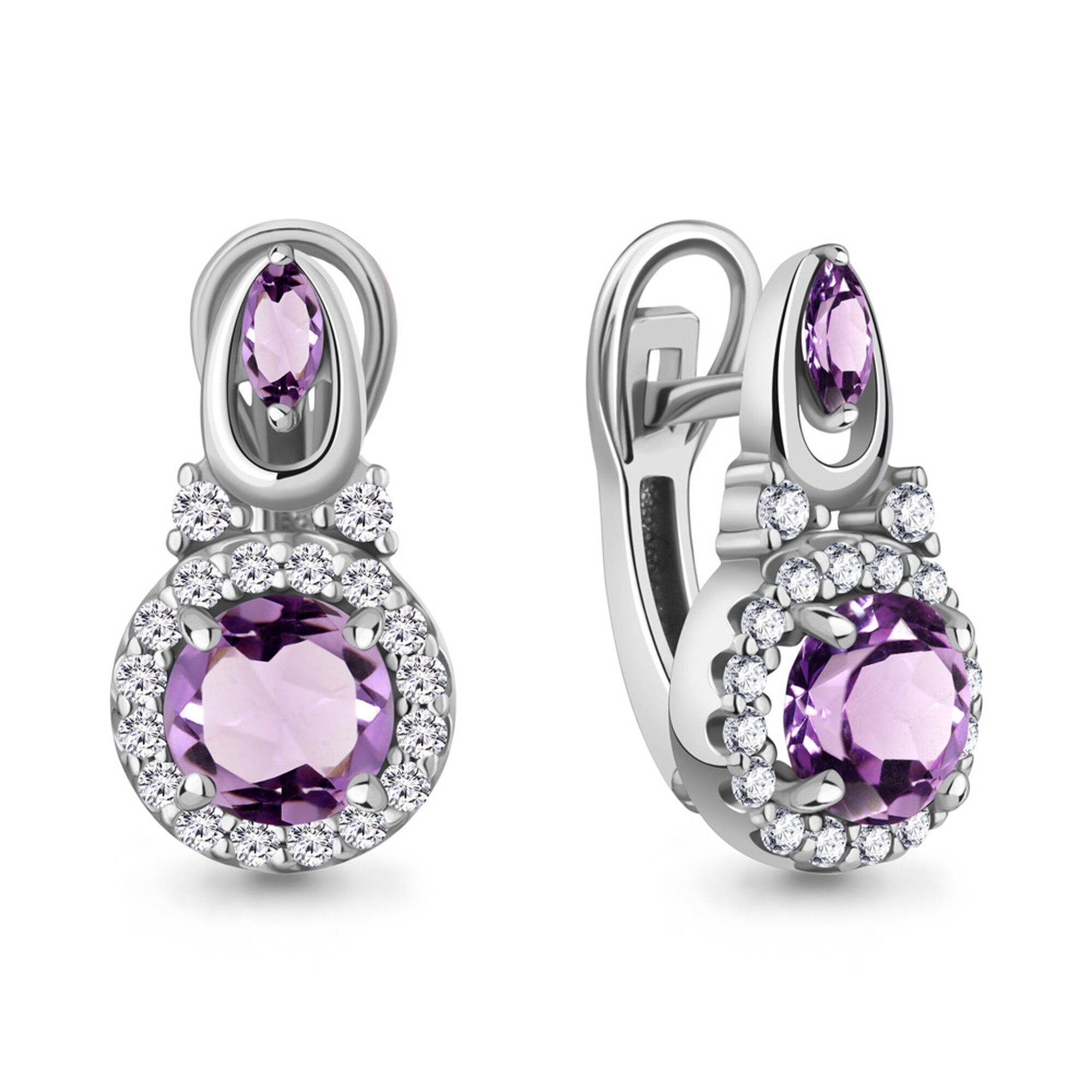 Серьги, серебро, 925 проба, родирование, аметист, фианит