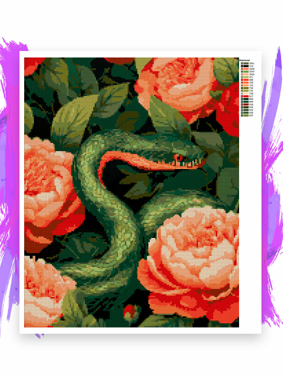 Алмазная мозаика без подрамника - вышивка Зеленая змея в пионах 40 х 50 см