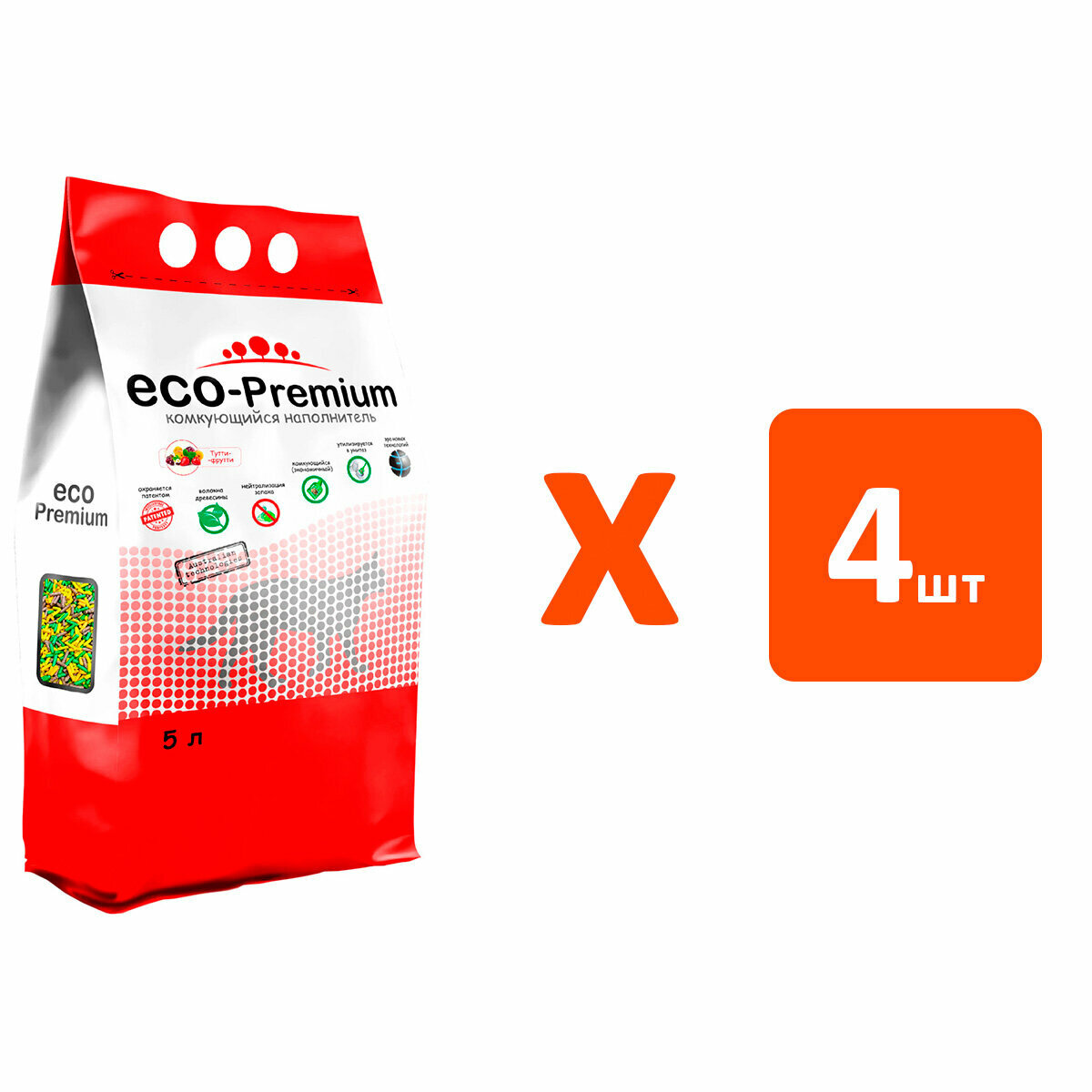 ECO-PREMIUM тутти-фрутти наполнитель древесный комкующийся для туалета кошек с ароматом фруктов и ягод (1,9 кг х 4 шт)